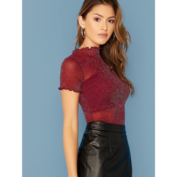 Tops | Glitter Sheer Mesh Lettuce Edge Top Black Metallic Glitter ...